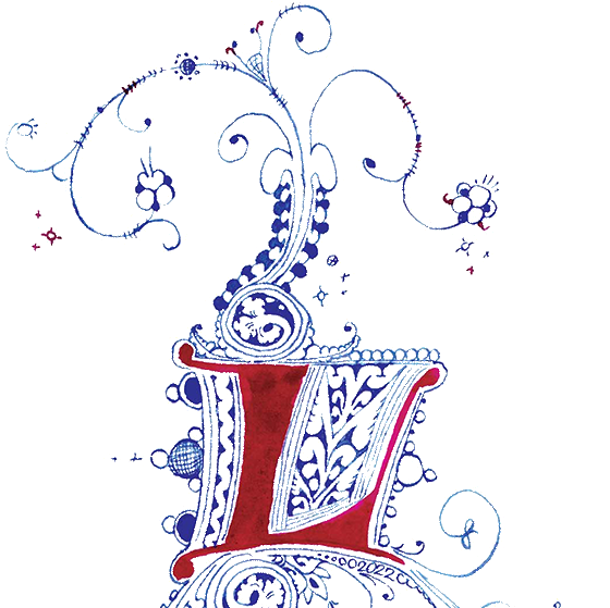 Blue Filigree around Red Versal L by Katie Leavens